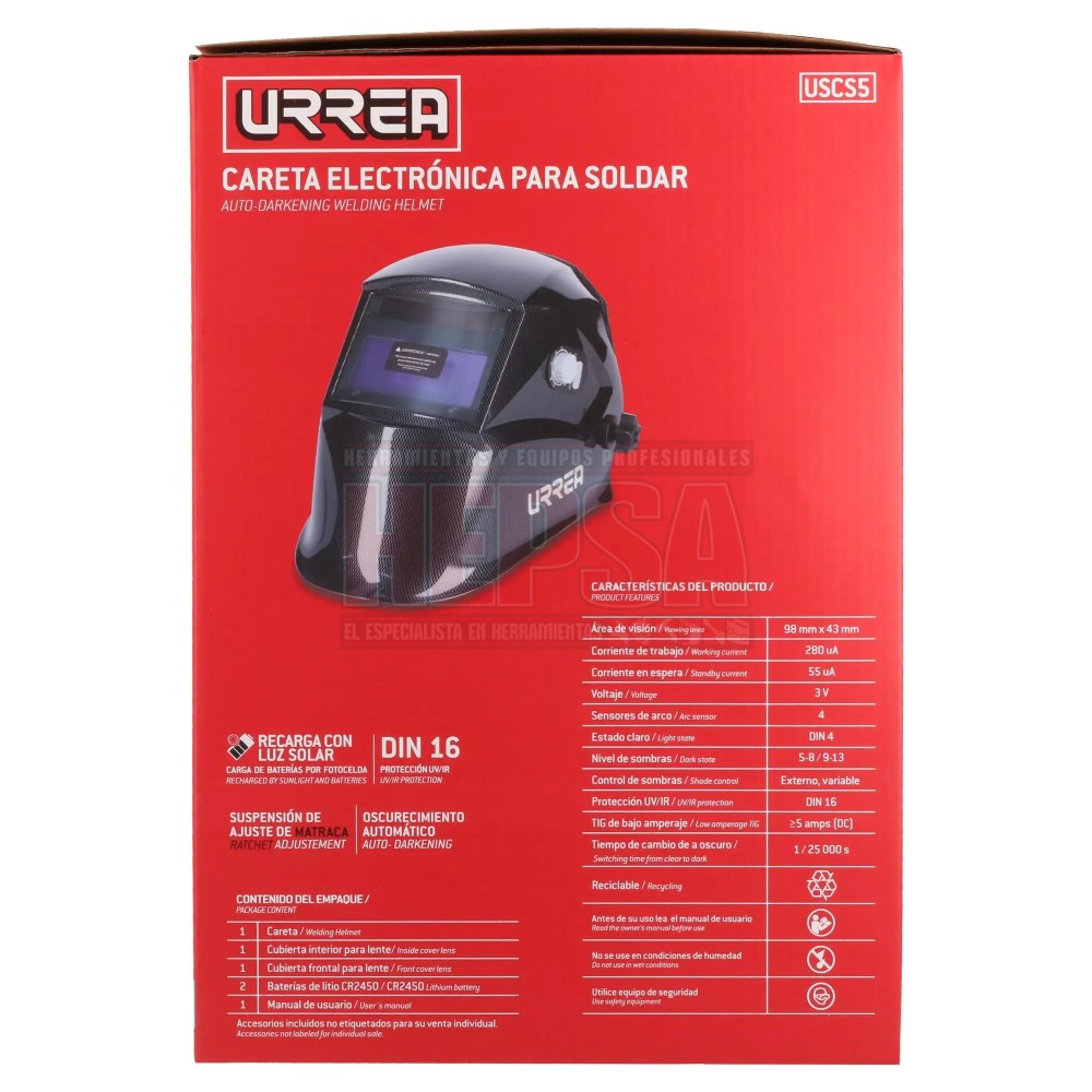 CARETA ELECTRÓNICA PARA SOLDAR, DISEÑO FIBRA DE VIDRIO URREA USCS5